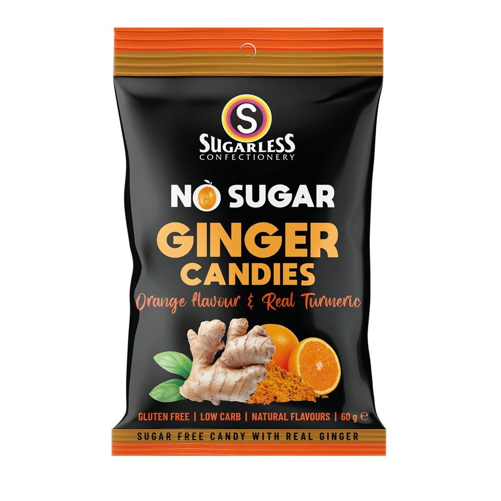 Sugarless Confectionery Orange & Turmeric flavoured Ginger Candies 60g
